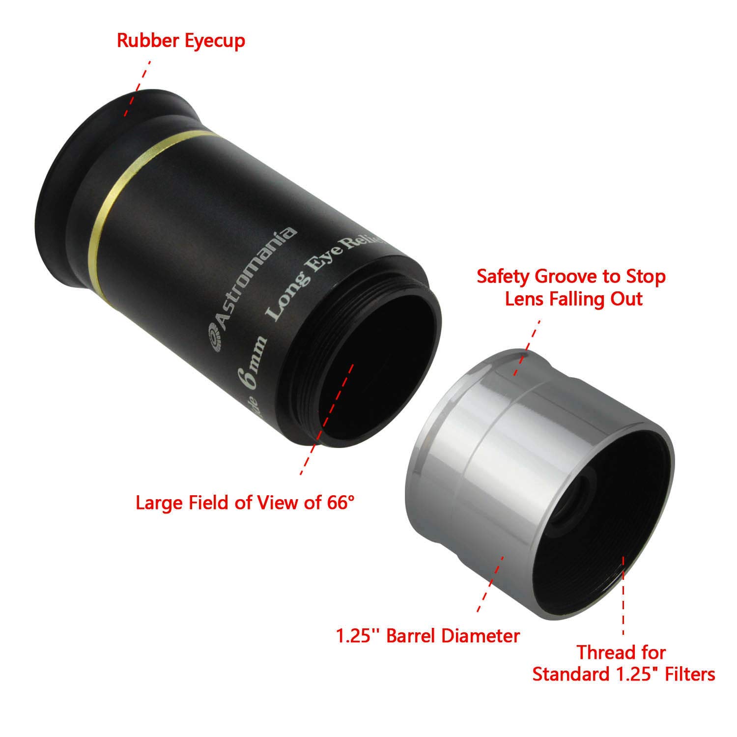 Astromania 1.25" 6mm 66-degree Ultra Wide Angle Eyepiece for Telescope